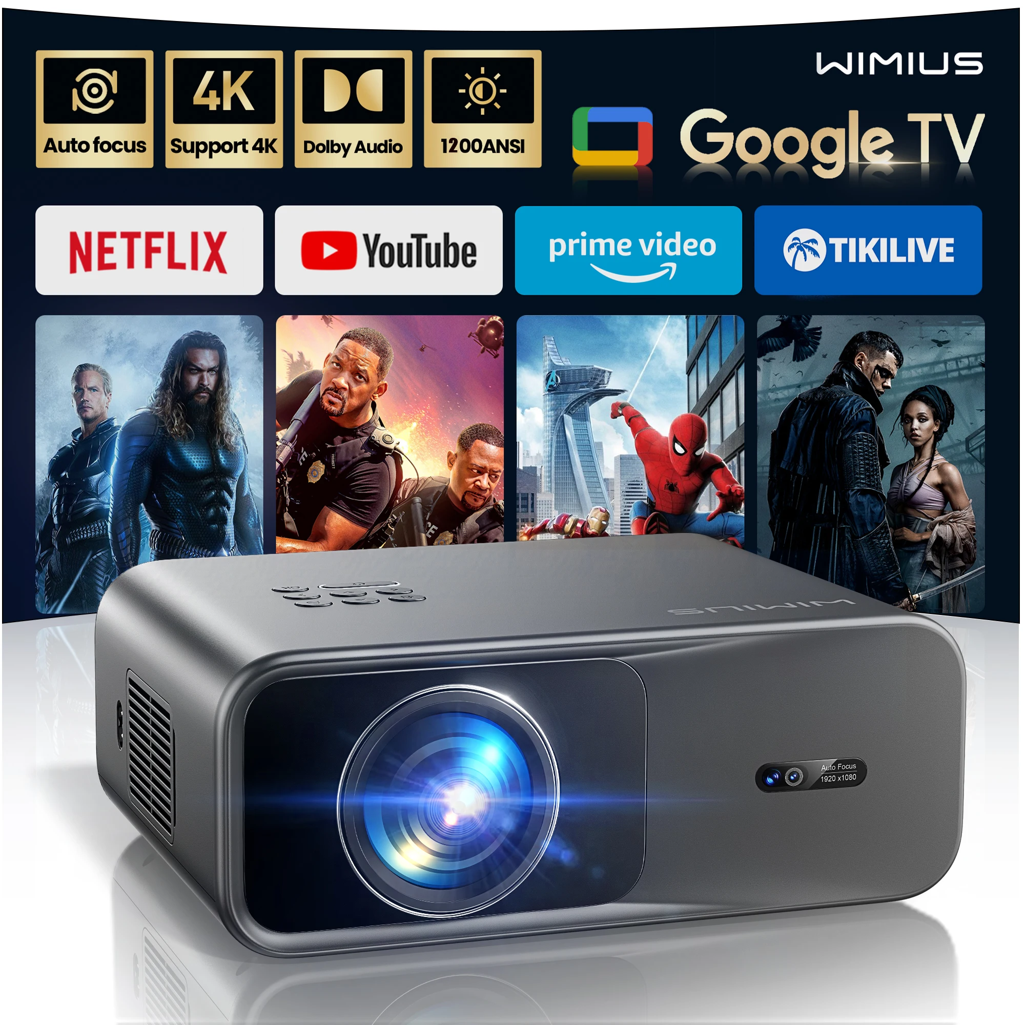 Wimius 4K Projector Google TV 1200ANSI Laser WiFi6 Native 1080P Home ...